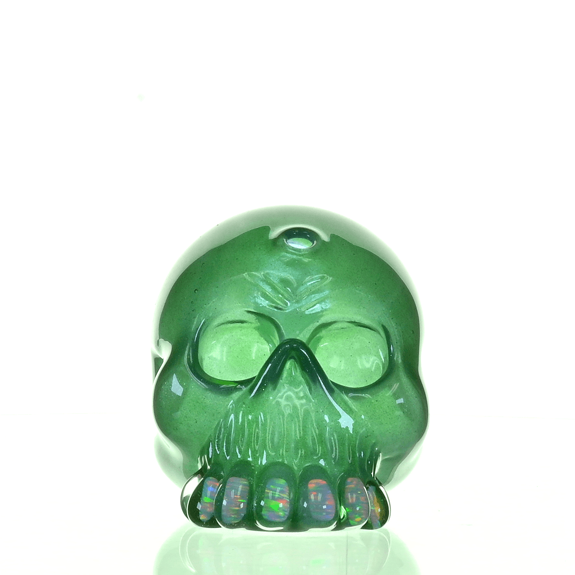 CARSTEN GLASS GREEN SATIN SKULL RIG W/OPAL TEETH